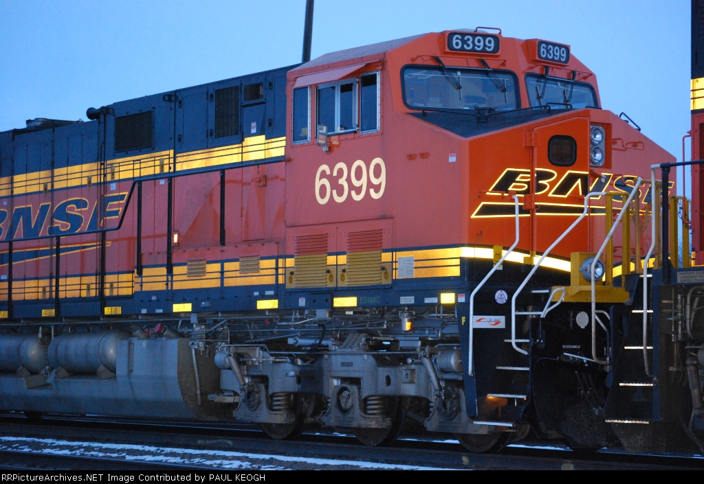 BNSF 6399 close up as she waits to roll east with a mty coaltrain as a 2nd unit.